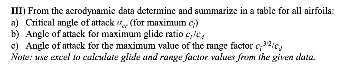 Solved III) From the aerodynamic data determine and | Chegg.com
