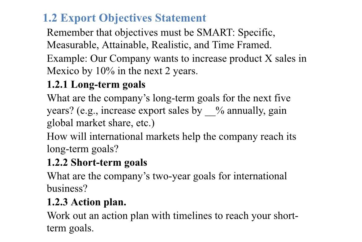 Solved 1.2 Export Objectives Statement Remember that | Chegg.com