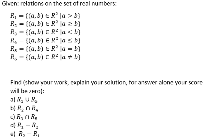 Solved Given: relations on the set of real numbers: R1 = | Chegg.com