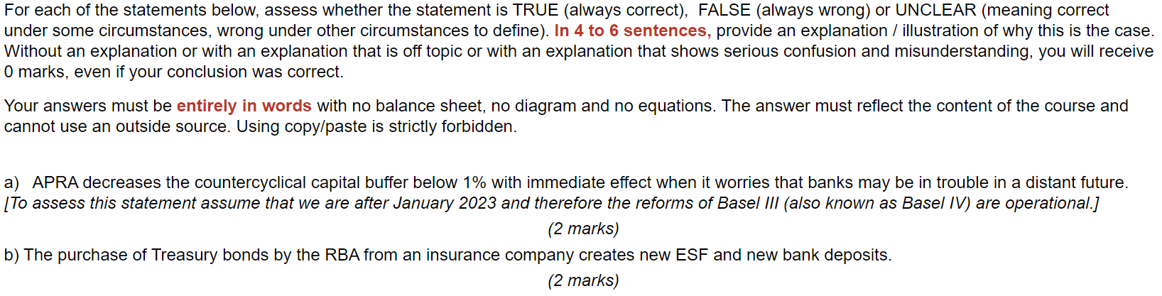 Solved -or each of the statements below, assess whether the | Chegg.com