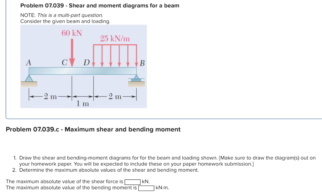 Solved Problem 07.039 - Shear and moment diagrams for a beam | Chegg.com
