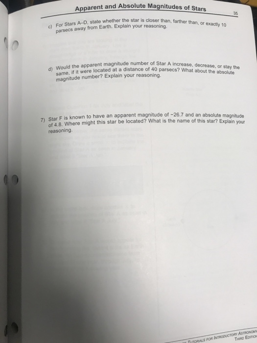 Apparent and Absolute Magnitudes of Stars 35 c) For | Chegg.com