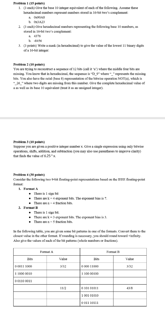 Solved Problem 1 (15 points) 1. (3 each) Give the base 10 | Chegg.com