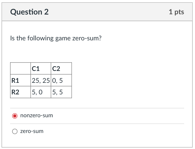 Solved Is the following game zero-sum? nonzero-sum zero-sum | Chegg.com