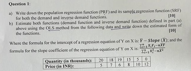 Solved Question 1: a) Write down the population regression | Chegg.com