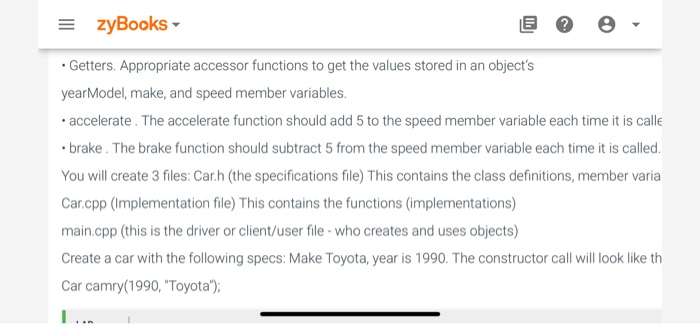 Solved zyBooks 18.1 Car Class 2 Car Class Write a class | Chegg.com Solved zyBooks 18.1 Car Class 2 Car Class Write a class | Chegg.com