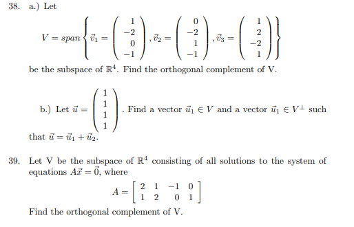Solved #38 and 39. Orthogonal component of v and find a | Chegg.com