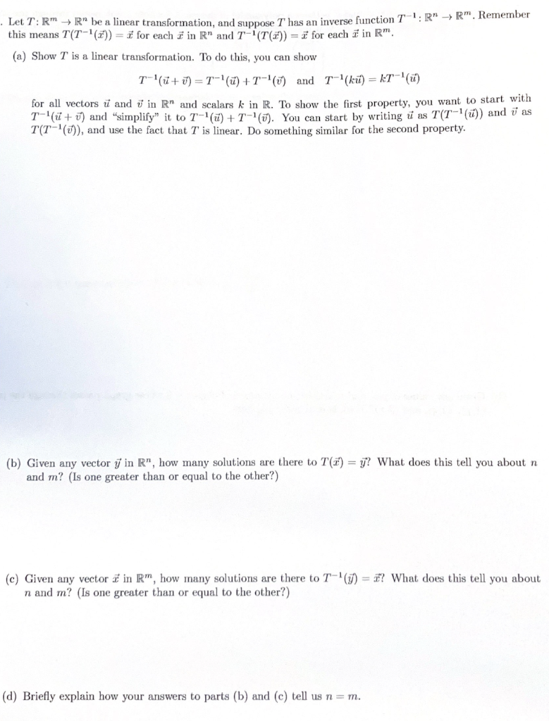 Solved Let T:Rm→Rn be a linear transformation, and suppose T | Chegg.com