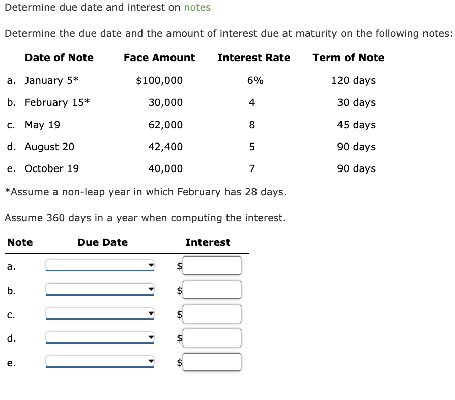 Solved Determine due date and interest on notes Determine | Chegg.com