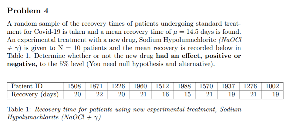 Solved Problem 4 A random sample of the recovery times of | Chegg.com
