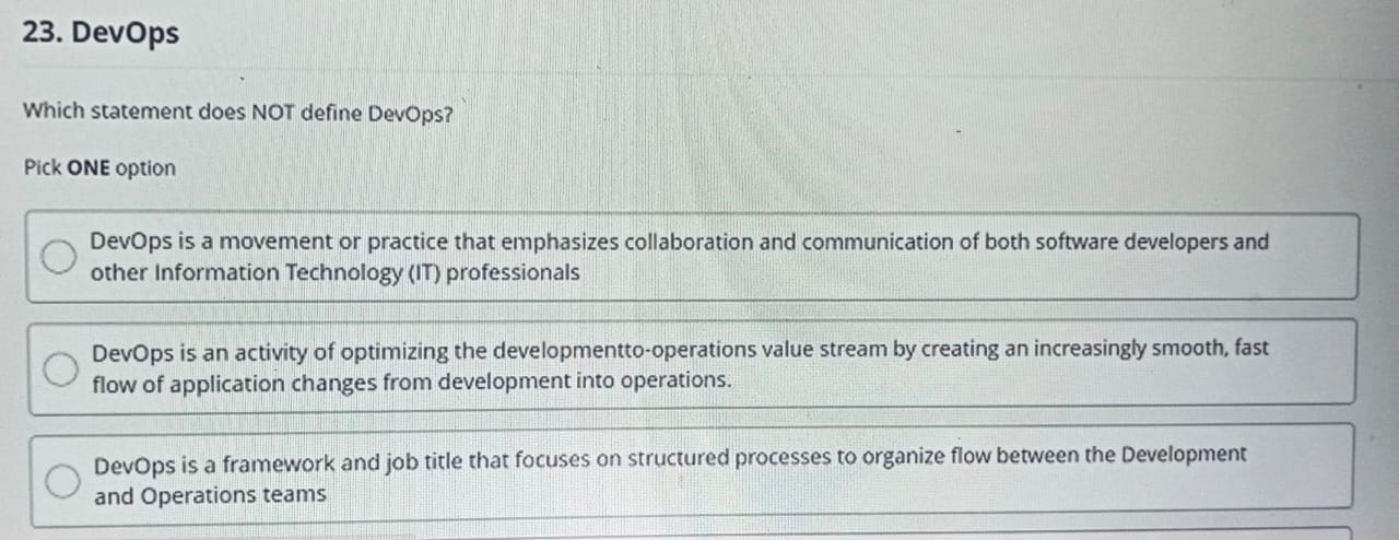 Solved DevOpsWhich statement does NOT define DevOps?Pick ONE | Chegg.com