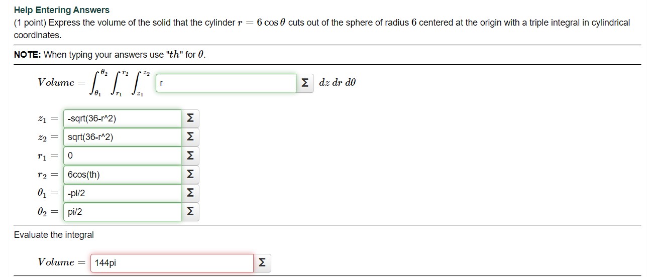 Solved Help Entering Answers(1 ﻿point) ﻿Express the volume | Chegg.com