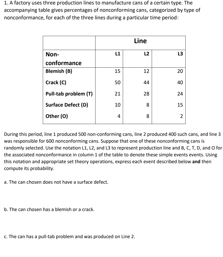 Solved A factory uses three production lines to manufacture | Chegg.com