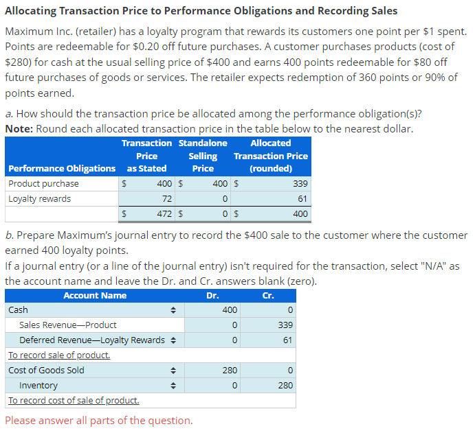 Solved Allocating Transaction Price to Performance | Chegg.com