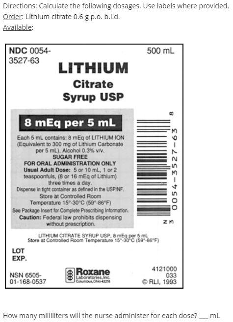 Solved Directions: Calculate the following dosages. Use | Chegg.com