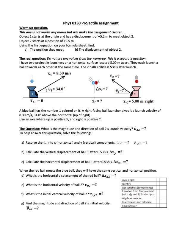 Solved Phys 0130 ﻿Projectile assignmentWarm up question.This | Chegg.com