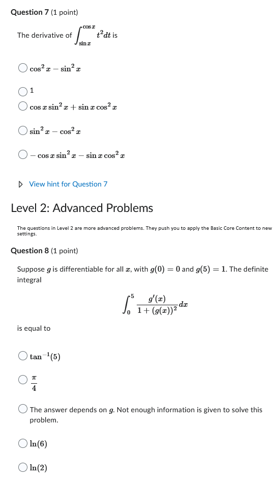 Solved Question 7 (1 point) The derivative of ∫sinxcosxt2dt | Chegg.com