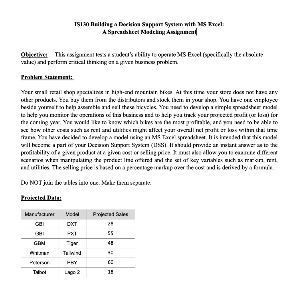 Solved IS130 Building a Decision Support System with MS | Chegg.com