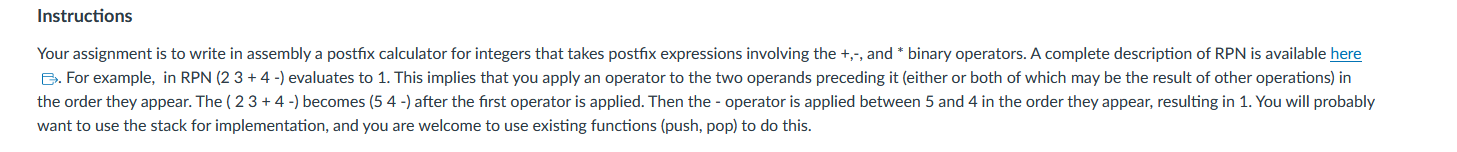 Solved Your assignment is to write in assembly a postfix | Chegg.com