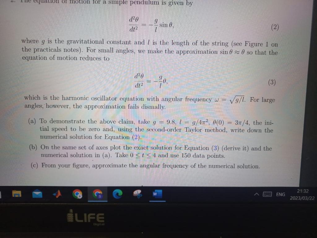 Solved dt2d2θ=−lgsinθ where g is the gravitational constant | Chegg.com