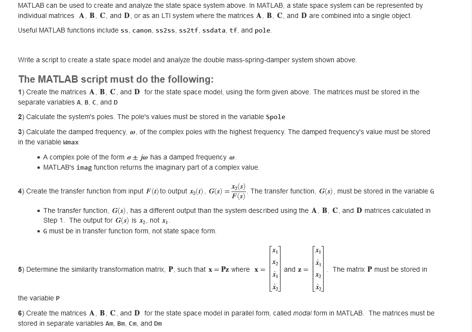 Solved 5.8 State space models of a double mass-spring-damper | Chegg.com