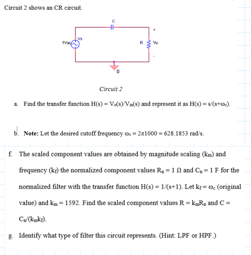 Solved Circuit 2 shows an CR circuit. Vs Circuit 2 a. Find | Chegg.com