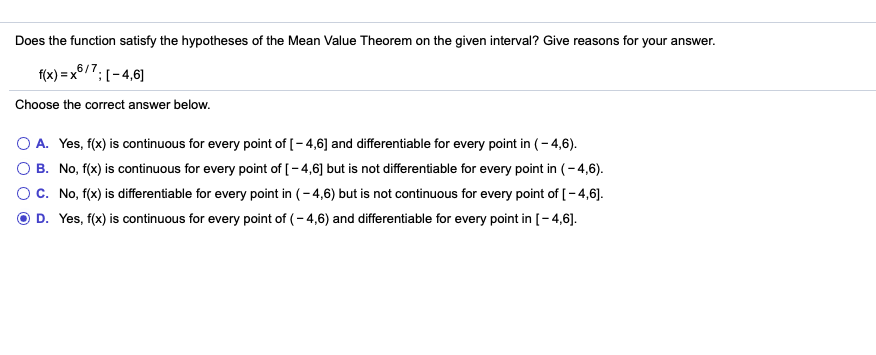 Solved Does the function satisfy the hypotheses of the Mean | Chegg.com