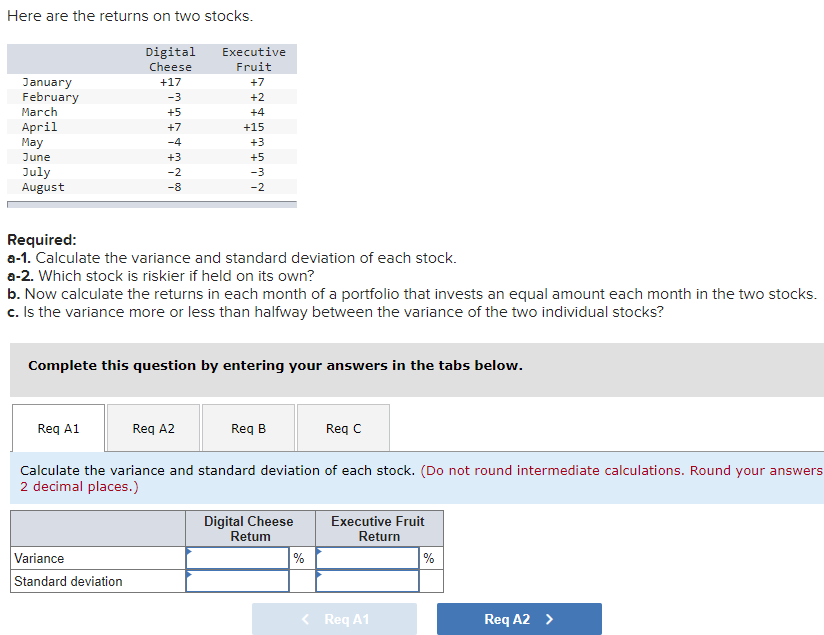Solved Here are the returns on two stocks. Required: a-1. | Chegg.com