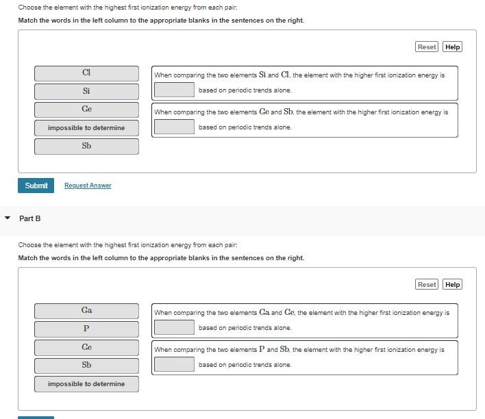 Solved Choose the element with the highest first ionization | Chegg.com