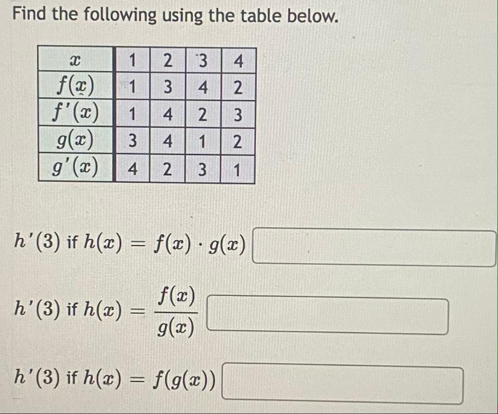 Solved Find the following using the table below. 1 2 3 4 1 3 | Chegg.com