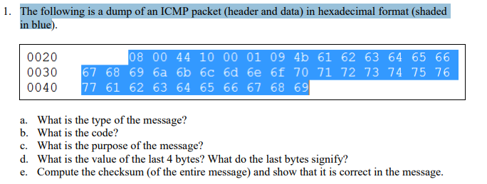 [Solved] Following Dump Icmp Packet Header Data Hexadecimal Format Shaded Blue Type Message B ...