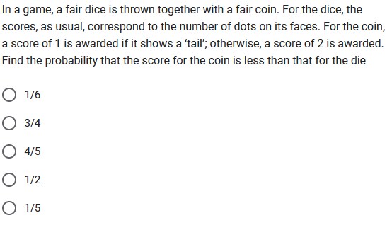 Solved In a game, a fair dice is thrown together with a fair | Chegg.com