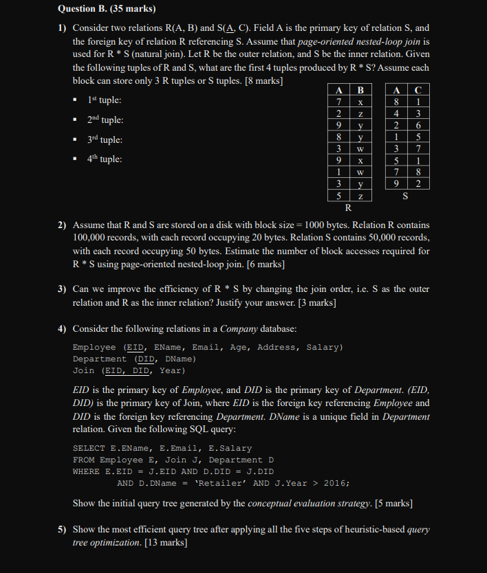 Solved Question B. (35 ﻿marks)Consider two relations R(A,B) | Chegg.com