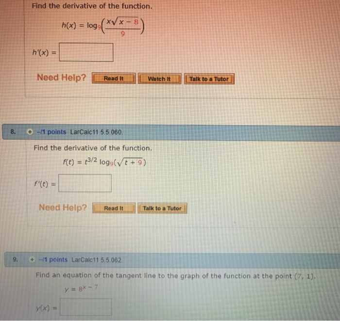 Solved Find the derivative of the function. (XVX-8 h(x) = l | Chegg.com