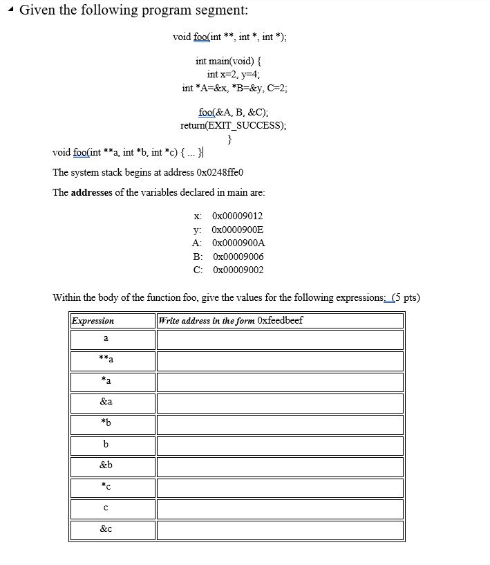 Solved Given The Following Program Segment Void Fooint