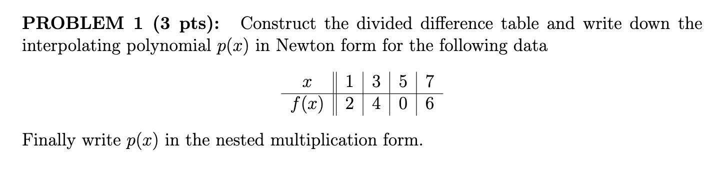 Solved PROBLEM 1 (3 pts): Construct the divided difference | Chegg.com
