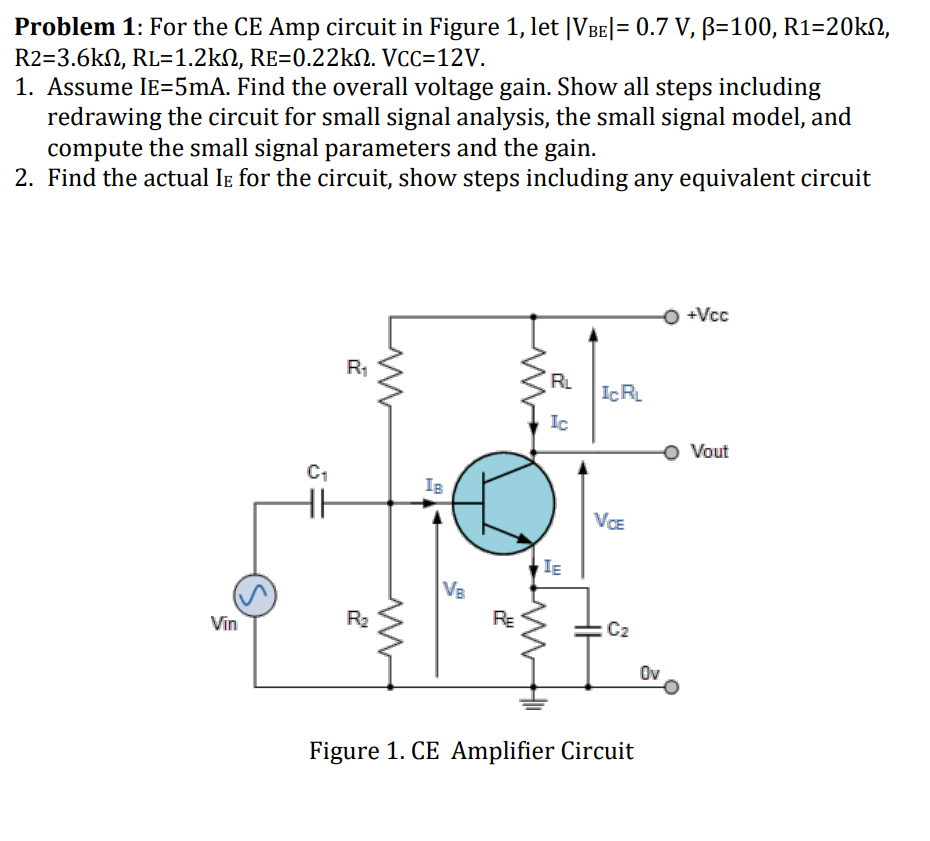 Solved Problem 1: For the CE Amp circuit in Figure 1, ﻿let | Chegg.com
