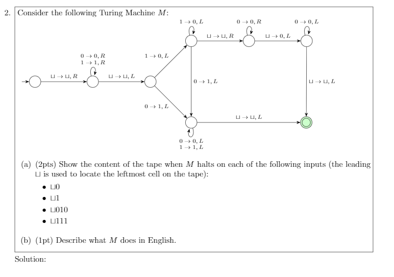 Solved 2. Consider the following Turing Machine M: 1 +0,L 0 | Chegg.com