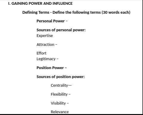Solved I. GAINING POWER AND INFLUENCE Defining Terms Define | Chegg.com