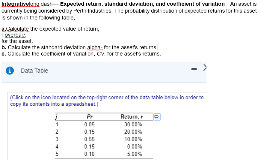 Solved Integrativelong dash- Expected return, standard | Chegg.com
