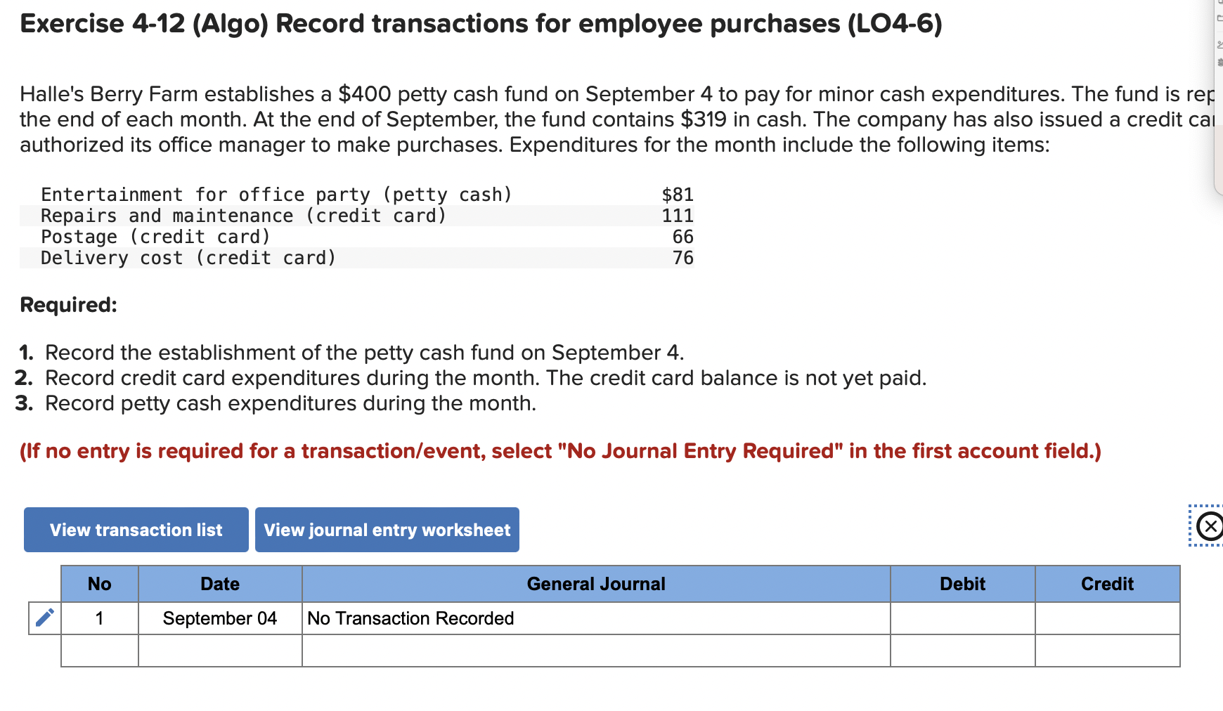 Solved Exercise 4-12 (Algo) Record transactions for employee | Chegg.com