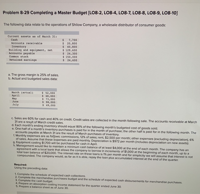 Solved Problem 8-29 Completing a Master Budget [LO8-2, | Chegg.com