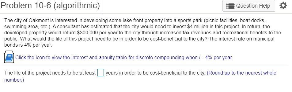Solved Problem 10-6 (algorithmic) Question Help The city of | Chegg.com