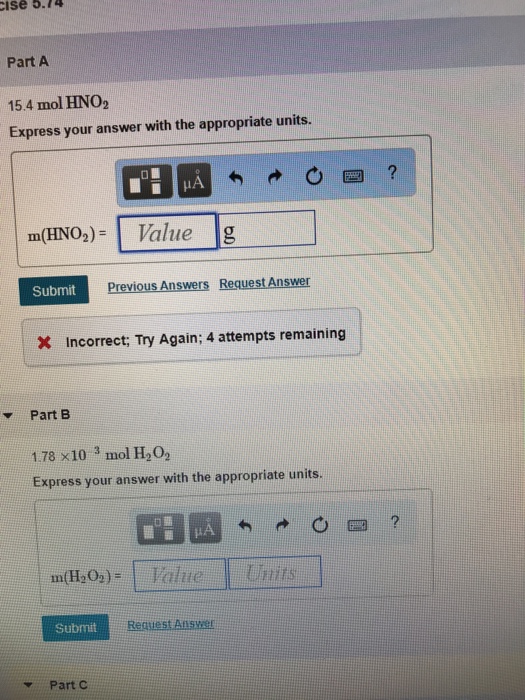 Solved ise 5.74 Part A 15.4 mol HNO2 Express your answer | Chegg.com