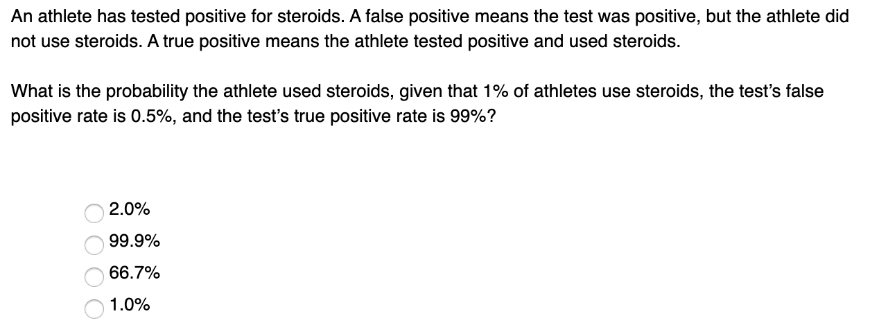 Solved An athlete has tested positive for steroids. A false | Chegg.com