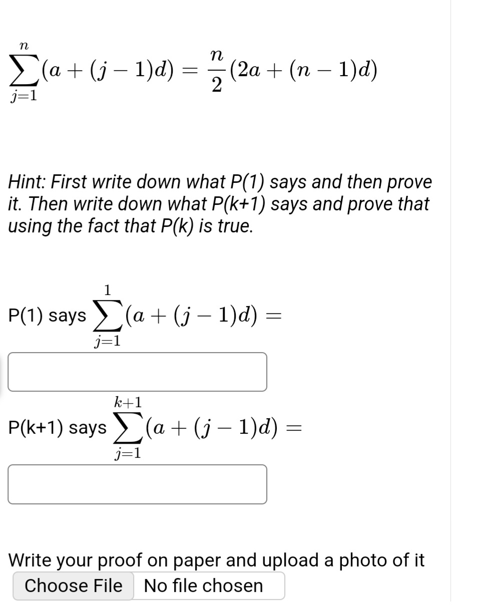 Solved \\[ \\sum_{j=1}^{n}(a+(j-1) d)=\\frac{n}{2}(2 a+(n-1) | Chegg.com