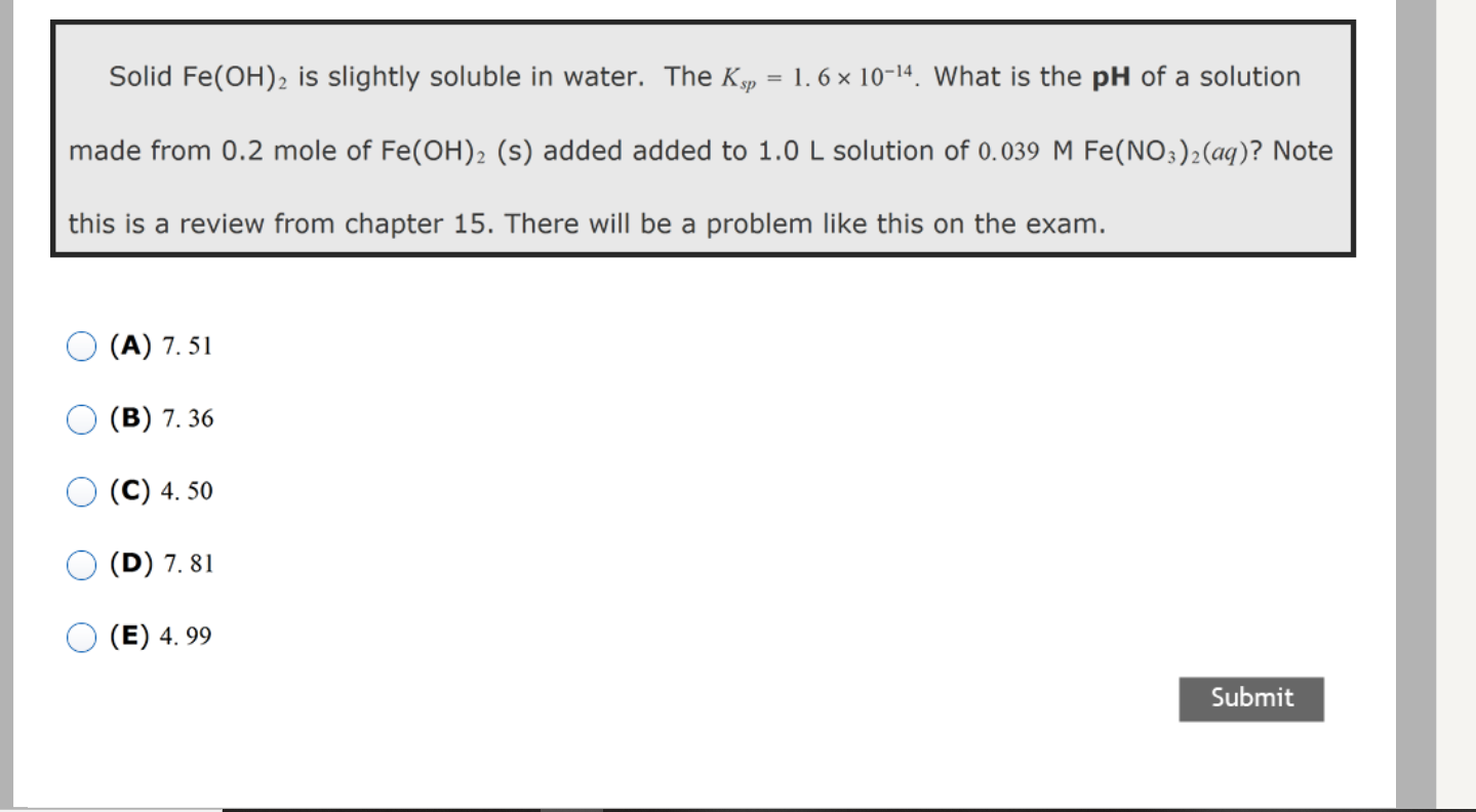 Solved Solid Fe(OH)2 is slightly soluble in water. The Ksp = | Chegg.com