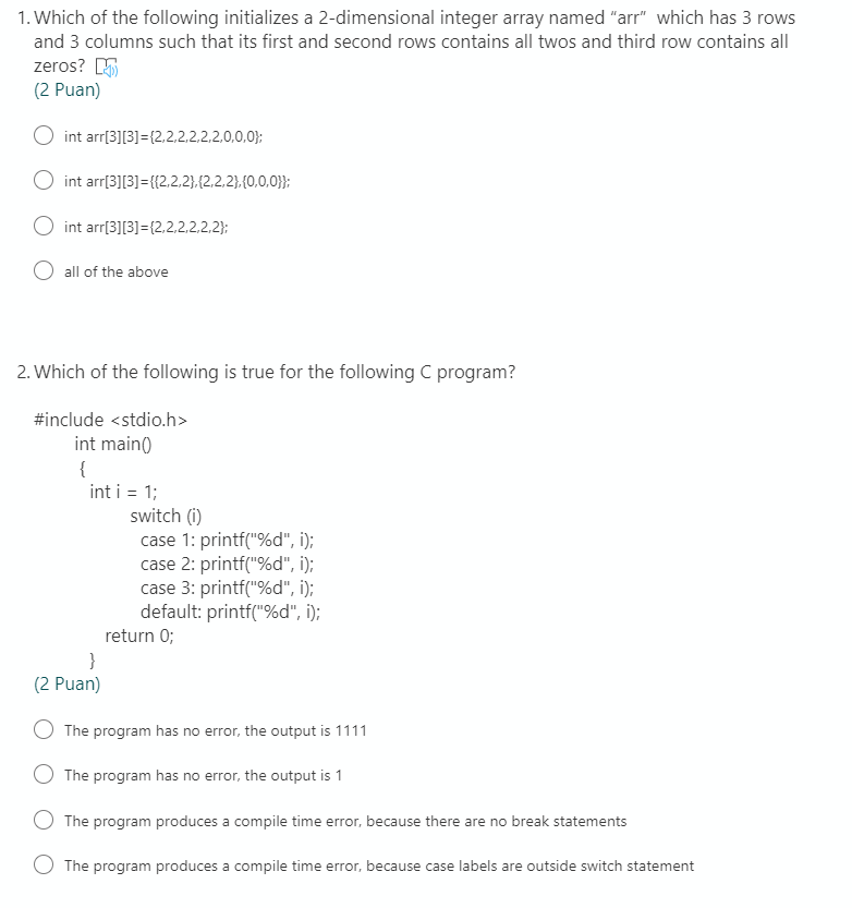 Solved 1. Which of the following initializes a 2-dimensional | Chegg.com