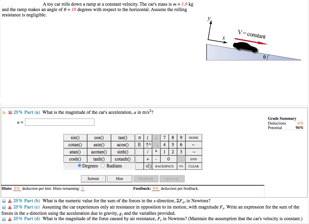 Solved A toy car rolls down a ramp at a constant velocity. | Chegg.com