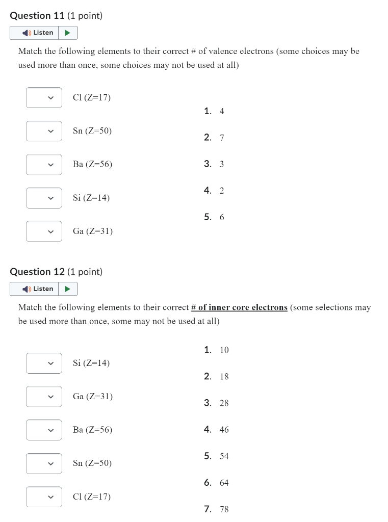 Solved Match the following elements to their correct \# of | Chegg.com